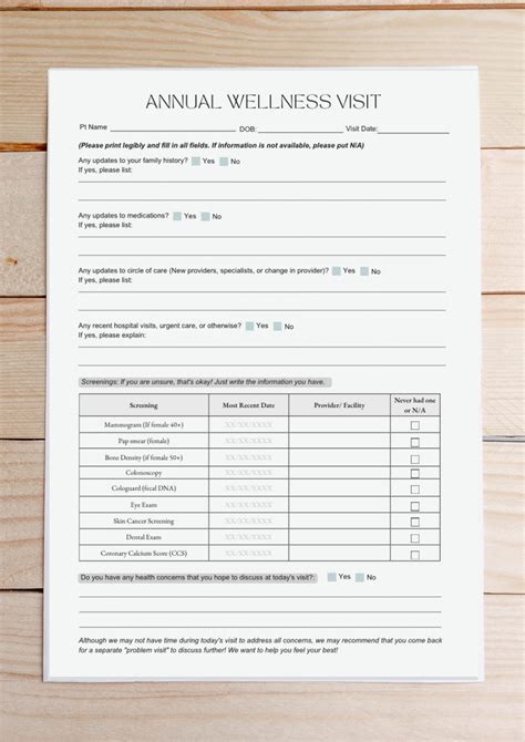 Annual Wellness Intake Form Internal Medicine Primary Care Paperwork