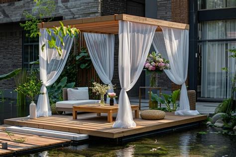 Wooden Platform White Tulle Canopy Premium Ai Generated Image