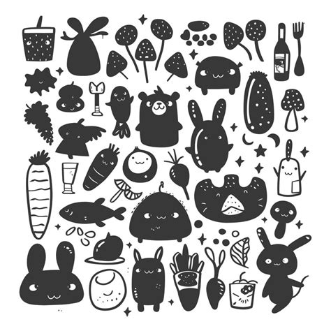 Silhouette Hand Drawn Cute Object Kawaii Doodle Collection Set