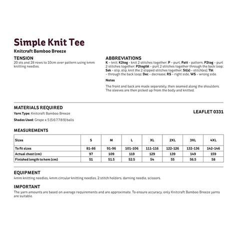 Knitcraft Simple Knit Tee Digital Pattern 0331 Hobbycraft