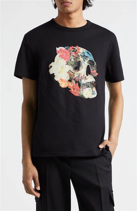 Alexander Mcqueen Floral Skull Graphic T Shirt Black White Red