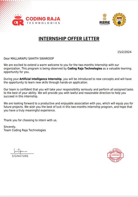 Sahith Swaroop Mallarapu On Linkedin Offer Letter Of Coding Raja
