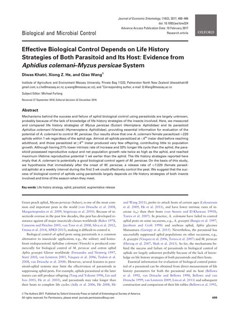 Pdf Effective Biological Control Depends On Life History Strategies