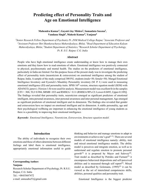 Pdf Predicting Effect Of Personality Traits And Age On Emotional Intelligence