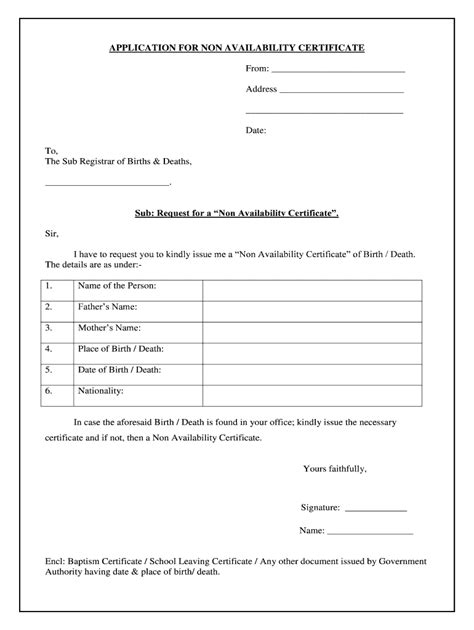 Fillable Online Application For Non Availability Certificate Fax Email