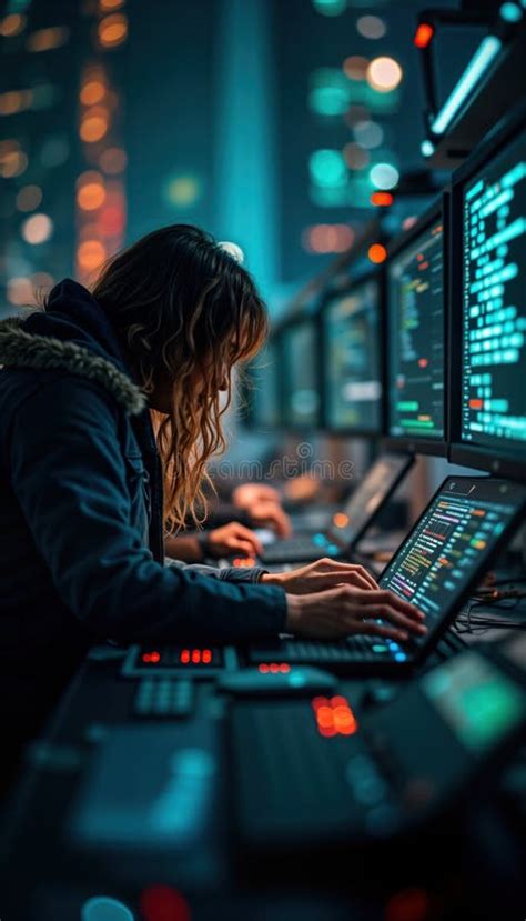 Woman Works On Data Analysis In Modern Tech Center Focus On Coding Digital Display Of Data