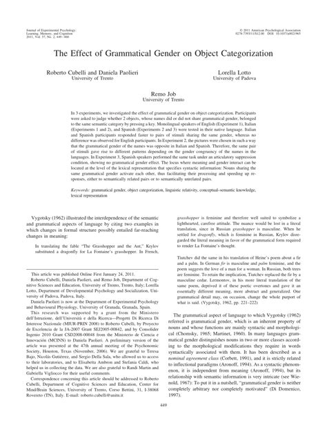 Pdf The Effect Of Grammatical Gender On Object Categorization