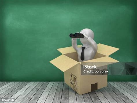 나무 바닥에 쌍안경이있는 문자가있는 골판지 상자 칠판 배경 3d 렌더링 3차원 형태에 대한 스톡 사진 및 기타 이미지 3차원