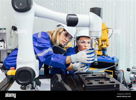 Female Automation Machine Engineer Babe Study And Inspection Control Robot Arm Machine In