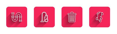 세트 라인 산업 금속 파이프 진공 청소기 쓰레기통 및 긴 그림자가 있는 스폰지 빨간색 사각형 버튼입니다 벡터 가사 집안일에 대한 스톡 벡터 아트 및 기타 이미지 Istock