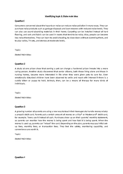 Practice Stated Main Idea Identifying Topic And State Main Idea