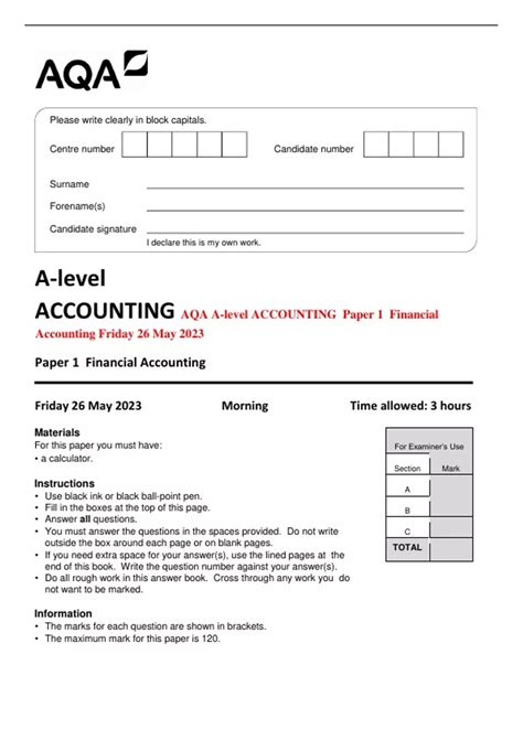 Aqa A Level Accounting Paper 1 Financial Accounting Friday 26 May 2023
