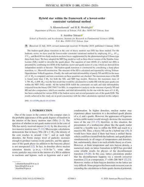 Pdf Hybrid Star Within The Framework Of A Lowest Order Constraint
