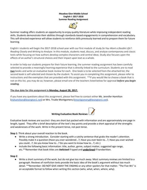 English 1 Summer Reading Assignment Pdf