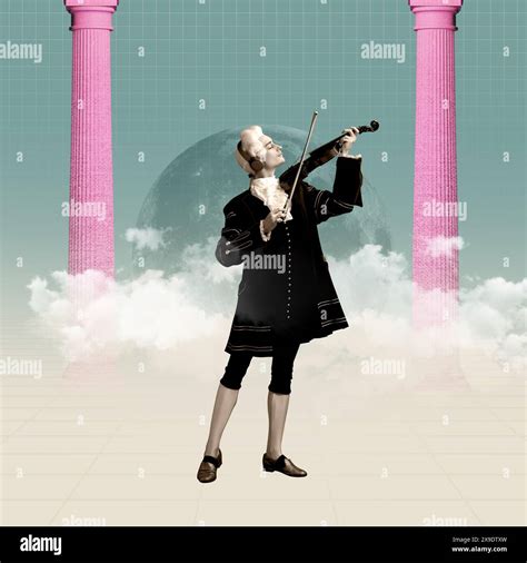 Man Famous Composer In Headphones Player Violin On Abstract Background