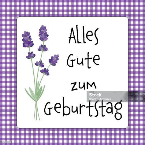 Alles Gute Zum Geburtstag 독일어 생일 축하 문구입니다 작은 라벤더 꽃다발과 보라색과 흰색 체크 무늬 프레임이 있는 축하 카드 0명에 대한 스톡 벡터