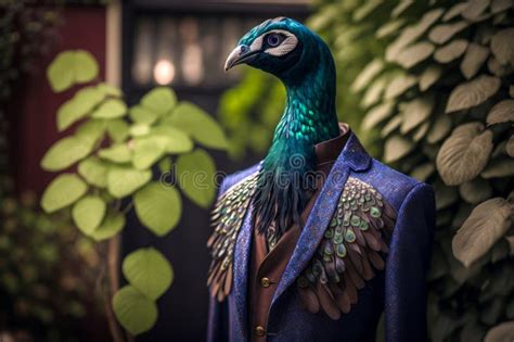 Peacock Dressed In Blue Suit Standing Next To Potted Leafy Plant