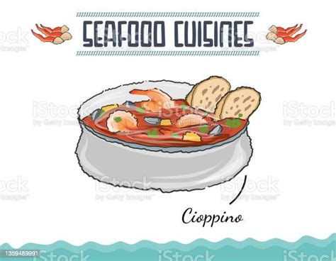 감자 새우 홍합 허브 생선을 곁들인 해산물 Cioppino 매운 수프와 토스트 라구에 대한 스톡 벡터 아트 및 기타 이미지