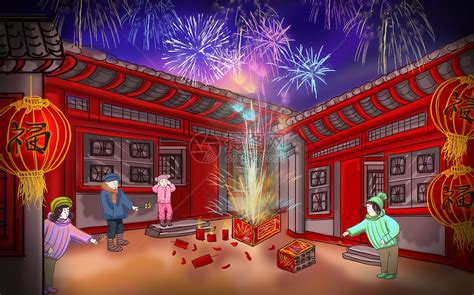 春节放烟花图画 春节放烟花爆竹图片 伤感说说吧