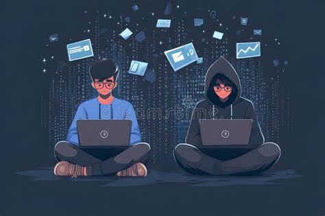 two programmers working on laptops one ethical one malicious stock illustration illustration