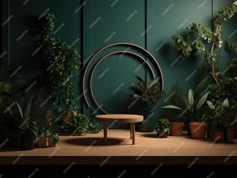 나뭇잎과 샤 녹색 배경에 화장품 제품 광고 스탠드 전시회 나무 연단 Ai 생성 이미지