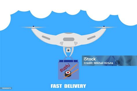 빠른 무인 항공기 배달 초밥 패키지 음식 배달 개념 일러스트 무인 항공기 제어 도시 어디서나 배달 벡터 Eps10 Multicopter에 대한 스톡 벡터 아트 및 기타