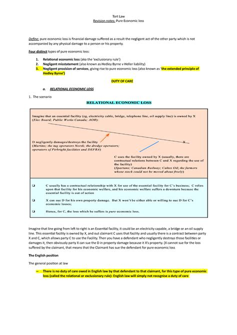 19 Pure Economic Loss Tort Law Lecture Notes Revision Notes Pure