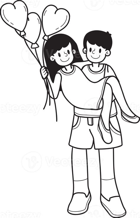 Free Hand Drawn Man And Woman Holding Heart Shaped Balloons
