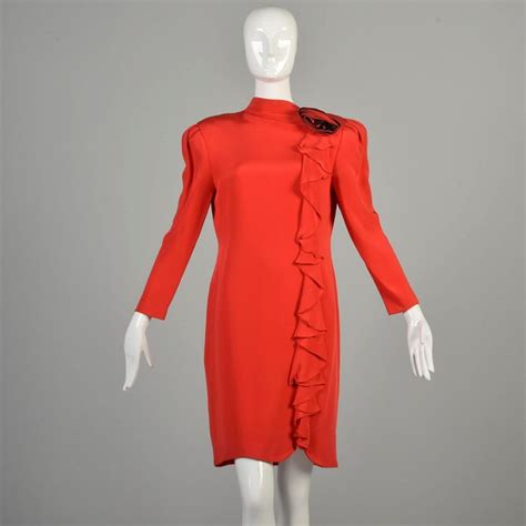 Large 1990s Red Dress Long Sleeve Flower Ruffle Shoulder Pads Modest