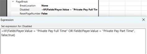 Reporting Services Ssrs How To Write A Pagebreak Expression Under Properties In Disabled