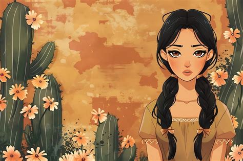 Una Chica De Cabello Largo Se Para Frente A Un Cactus Con Flores En El