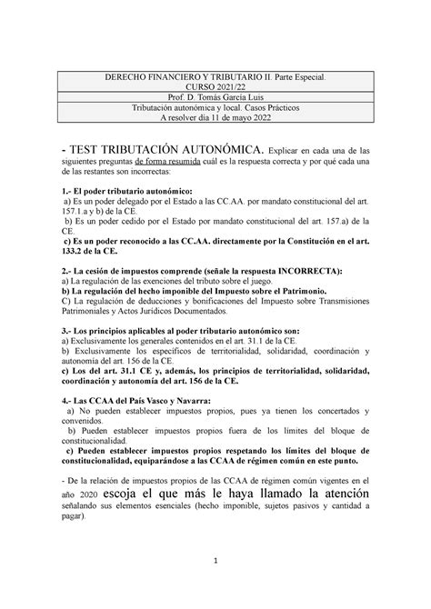 Casos tributación autonómica y local a resolver 11 mayo 2022 DERECHO
