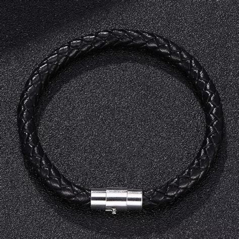 Black Braided Leather Bracelet Men Stainless Steel Magnetic Clasp Male