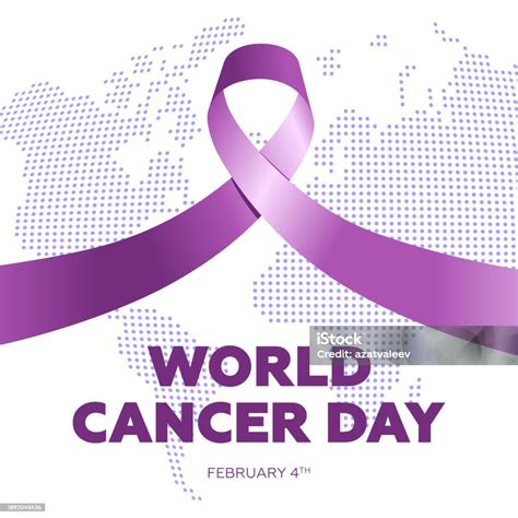 세계 암 인식의 날 광장 배너 디자인 개념입니다 2 월 4 일 암 퇴치 캠페인 상징에 대한지도 보라색 리본 종양학 배경에 대한 관심 벡터 인쇄 싸우기에 대한 스톡 벡터 아트