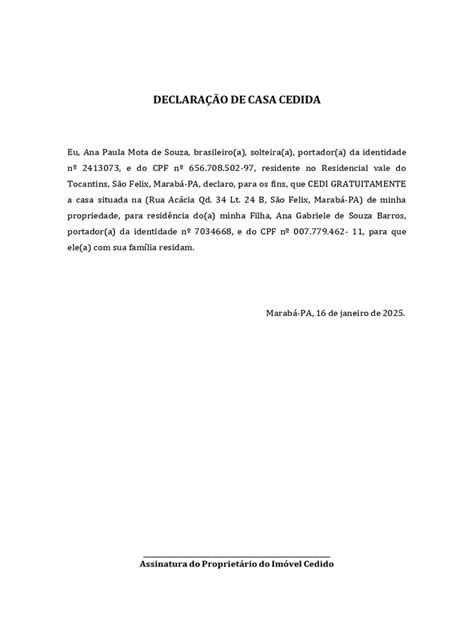Declaração De Casa Cedida Pdf