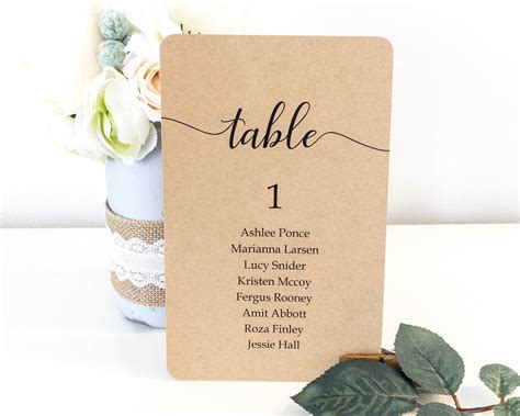 Rustic Kraft Wedding Table Assingment Cards Printed Seating Chart