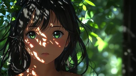 Anime Girl With Green Eyes Looking Up Through Leaves Premium Ai Generated Image