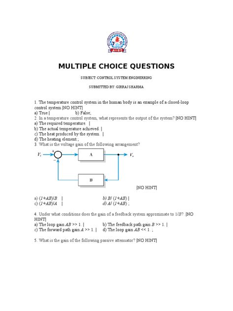 Mcq Control Systems Pdf Control Theory Control System