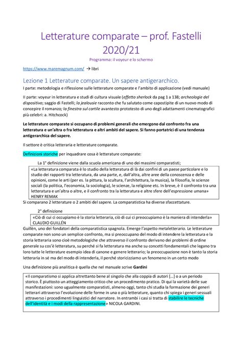Letterature Comparate 202021 Appuntisbobine Dettagliate Prof