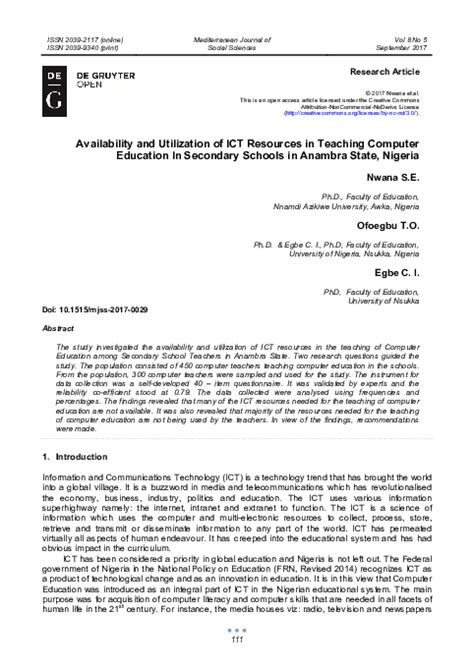 Pdf Availability And Utilization Of Ict Resources In Teaching