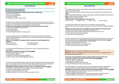 7 Sınıf Sosyal Bilgiler İlk 3 Ünite Tarama Testi Sosyal Bilgiler
