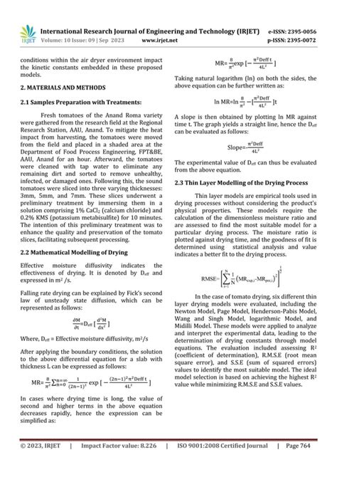 Drying Kinetics Of Tomato Slices Thin Layer Modelling Of Temperature And Slice Thickness Using