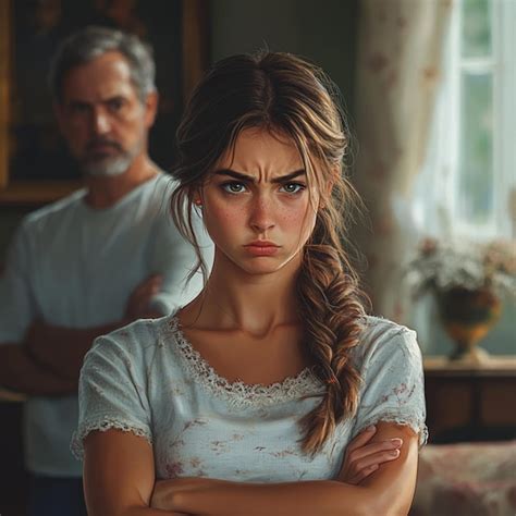 Irritated Teenage Daughter Stands With Her Father In The Background Premium Ai Generated Image