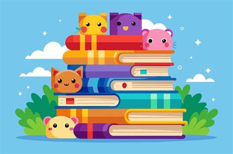 Premium Vector A Pile Of Books With Cats And Kittens On Top A Stack