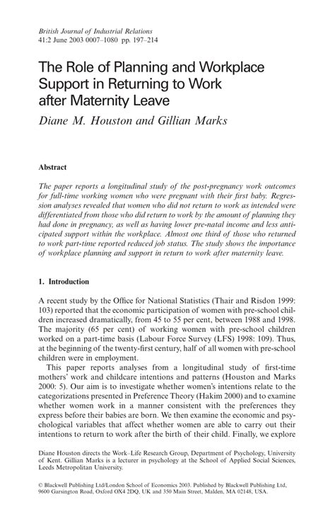 Pdf The Role Of Planning And Workplace Support In Returning To Work
