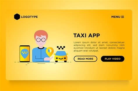 스마트 폰에서 택시 응용 프로그램을 사용하는 남자 복사 공간이 있는 웹 페이지 템플릿입니다 플랫 스타일의 벡터 그림입니다 공유 개념에 대한 스톡 벡터 아트 및 기타 이미지
