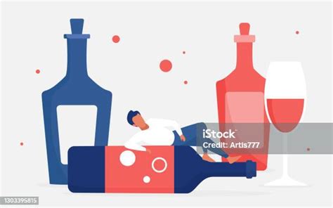 알코올 중독 개념 빈 큰 병에 누워 성인 남자 중독자 술꾼 문자 알코올 중독에 대한 스톡 벡터 아트 및 기타 이미지 알코올