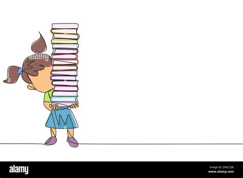 Continuous One Line Drawing Girl Carrying Tall Stack Of Books Covering