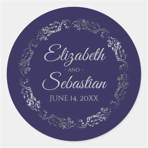 Lacy Silver Filigree Elegant Navy Blue Wedding Classic Round Sticker