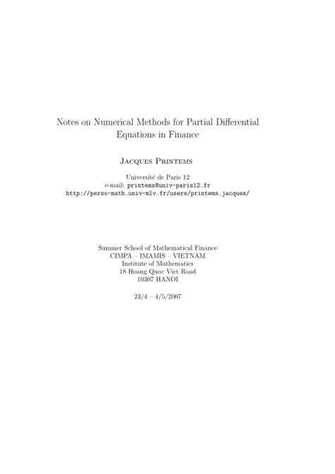Pdf Notes On Numerical Methods For Partial Differential Equations In Finance
